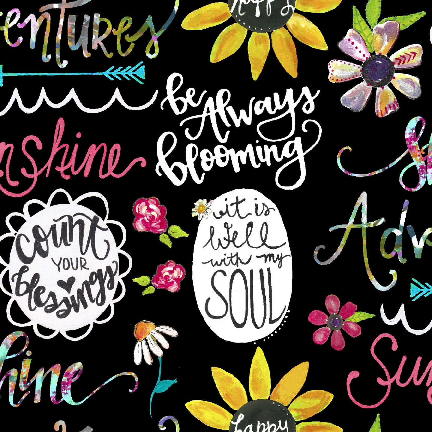Joy Bloom Black Expression Floral Positive Words Fabric / - Etsy
