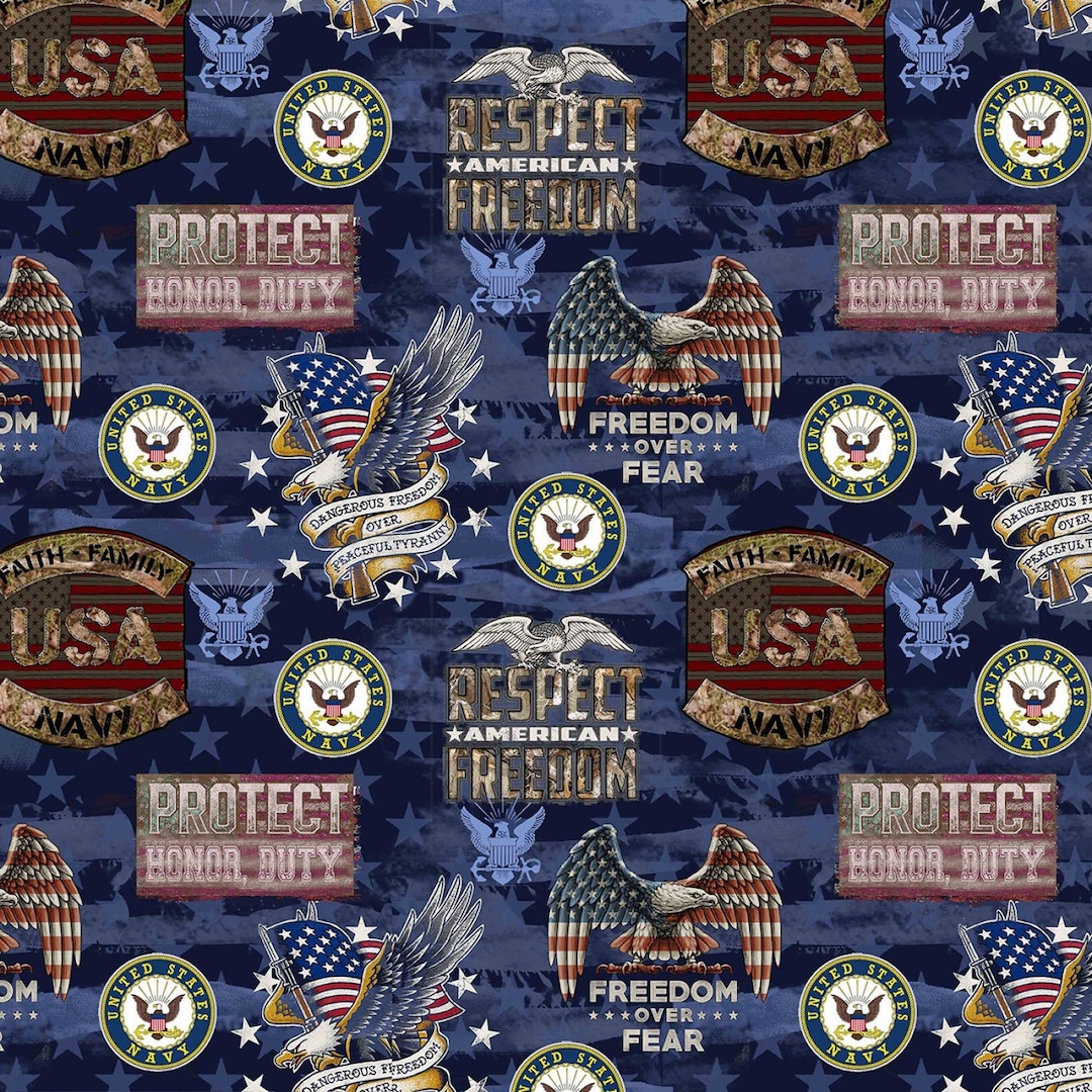 Navy Military Fabric / Navy Camo Flag Allover Fabric Sykel Military ...