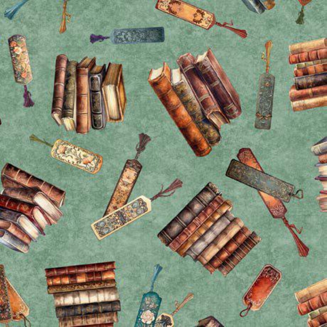 Stacked Books Toss on Dark Sage Fabric / Library Fabric / Bookworm ...