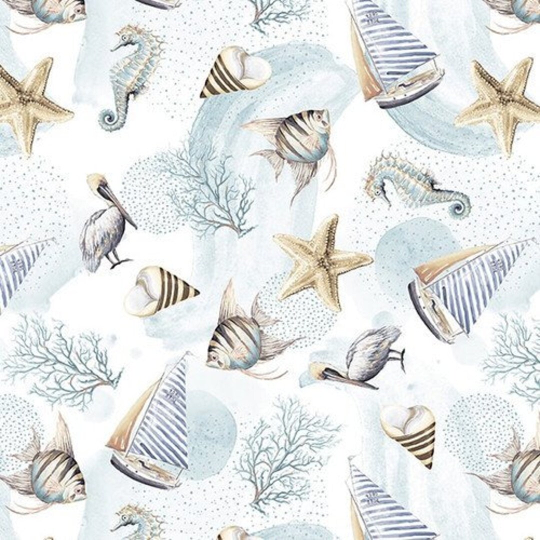 Sea Motifs on Ivory Fabric / Ocean Life Fabric by the Yard / Ocean ...