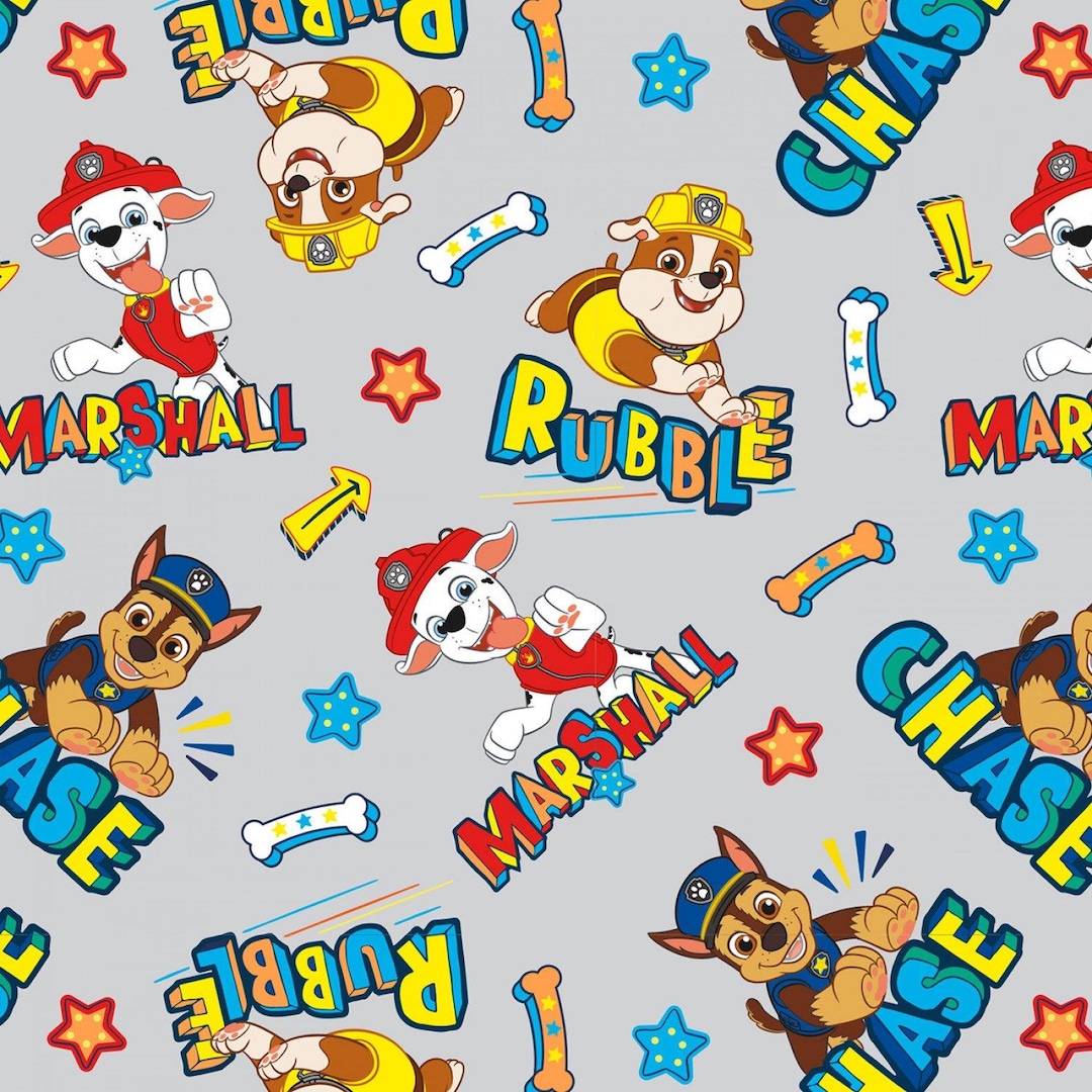 Paw Patrol Rescue Cotton Fabric / Chase Marshall and Rubble on Gray ...