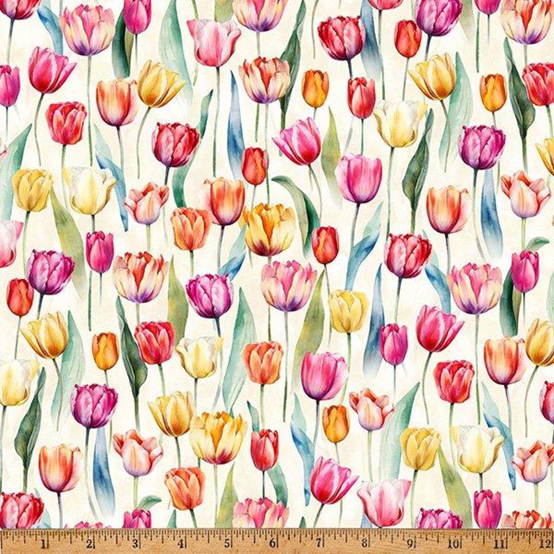 Tulips on Cream Floral Fabric by the Yard, Spring Flowers / Flower ...