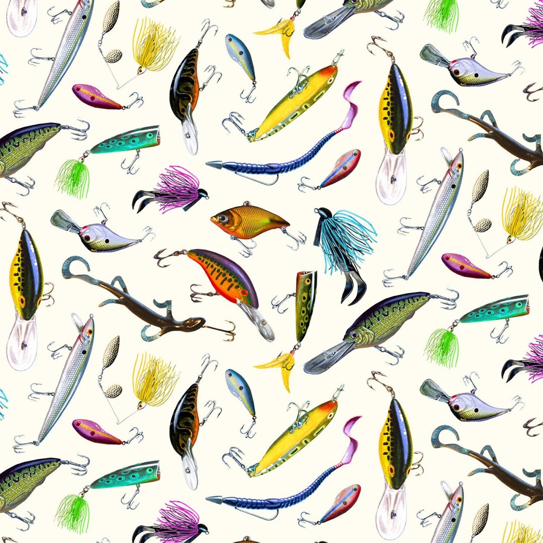 Fishing Lures on Eggshell Fabric by the Yard, Tight Lines Collection ...