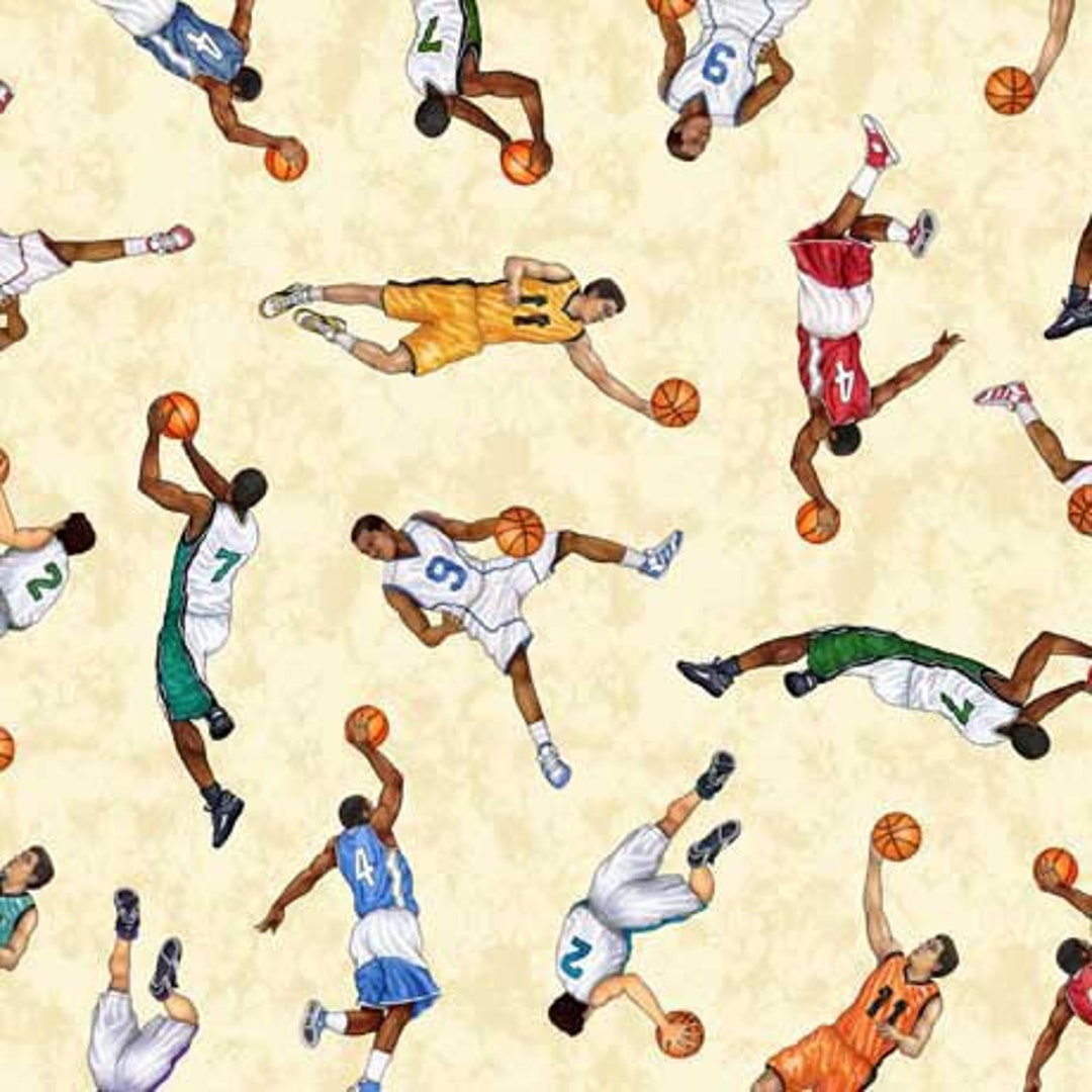Basketball Fabric / Slam Dunk Basketball Player Toss on Ecru Fabric by ...