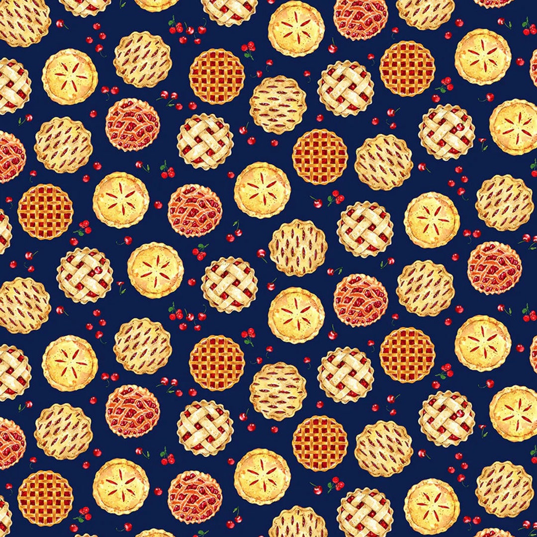 Cherry Pies on Navy Fabric / Assorted Pies Yardage / Food Fabric ...