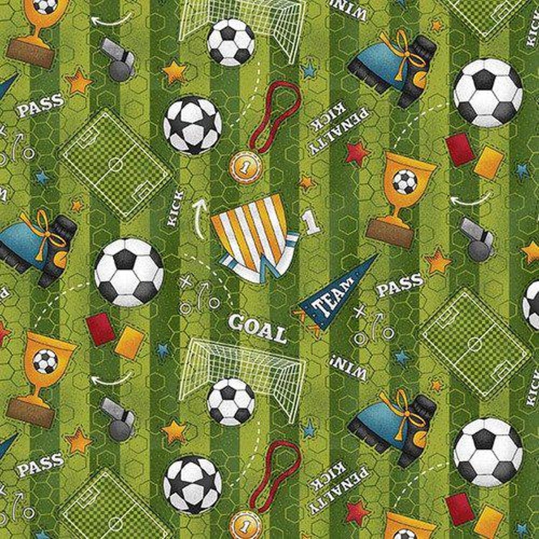 Soccer Motifs on Green Fabric, I Love Sports Collection, by Henry Glass ...