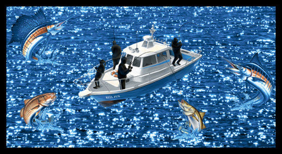 Reel Fun Fishing Fabric Panel From Blank Quilting 24x43 Inch Salt Water ...