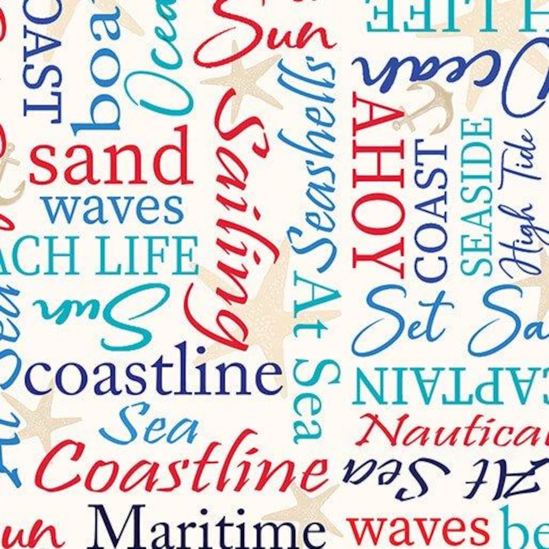 Coastal Words Fabric / Coastal Words on Ecru High Tides by Kanvas ...