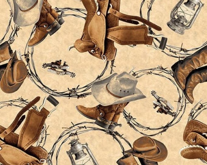 Tossed Cowboy Motifs on Tan Fabric / Cowboy Culture Collection From ...