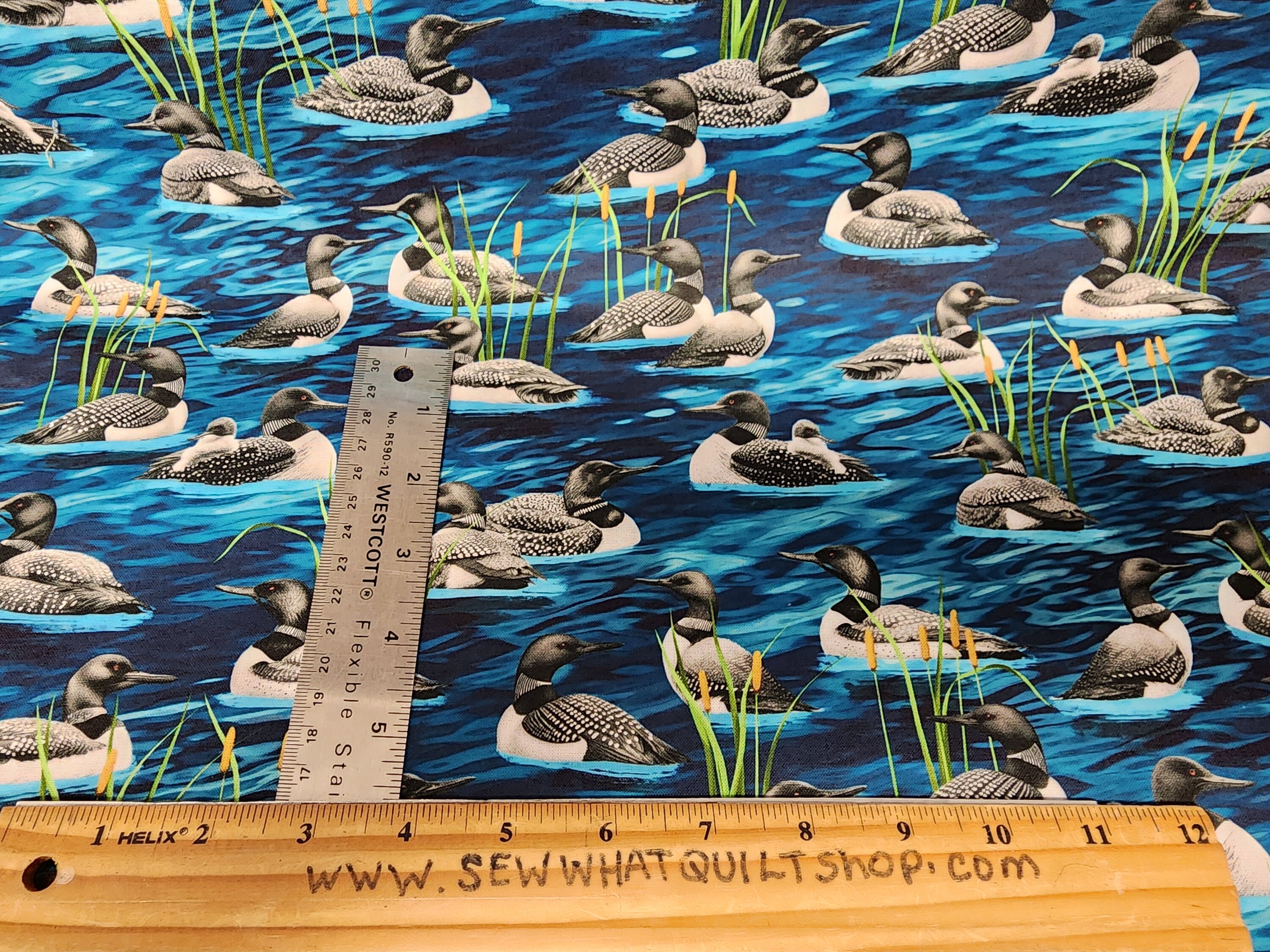 Loons on Water Scenic Fabric / Lake Loon Scenic on Blue Fabric by ...
