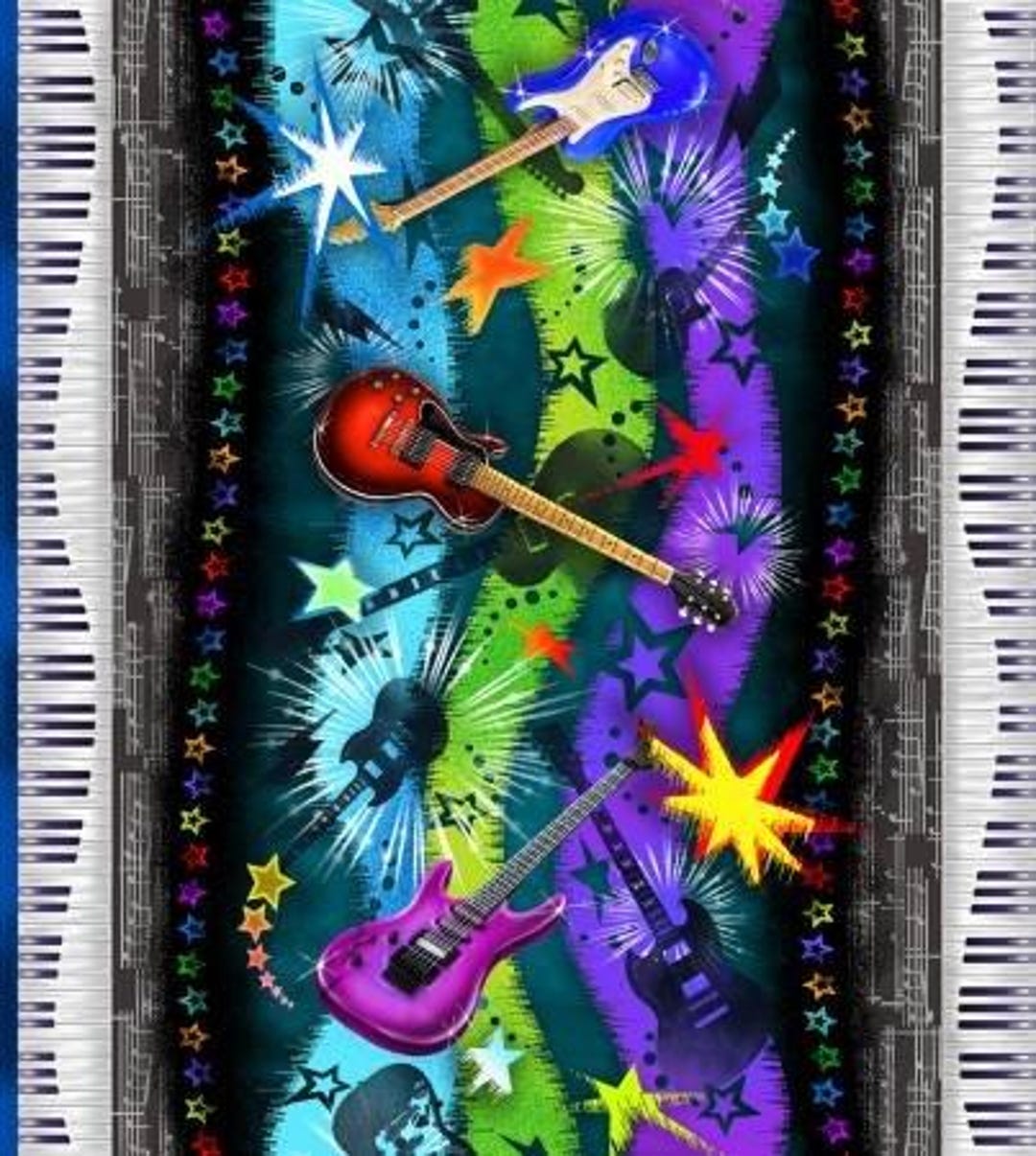Music Guitar Border Stripe Rockin' Out by Oasis Fabrics 100% Cotton ...