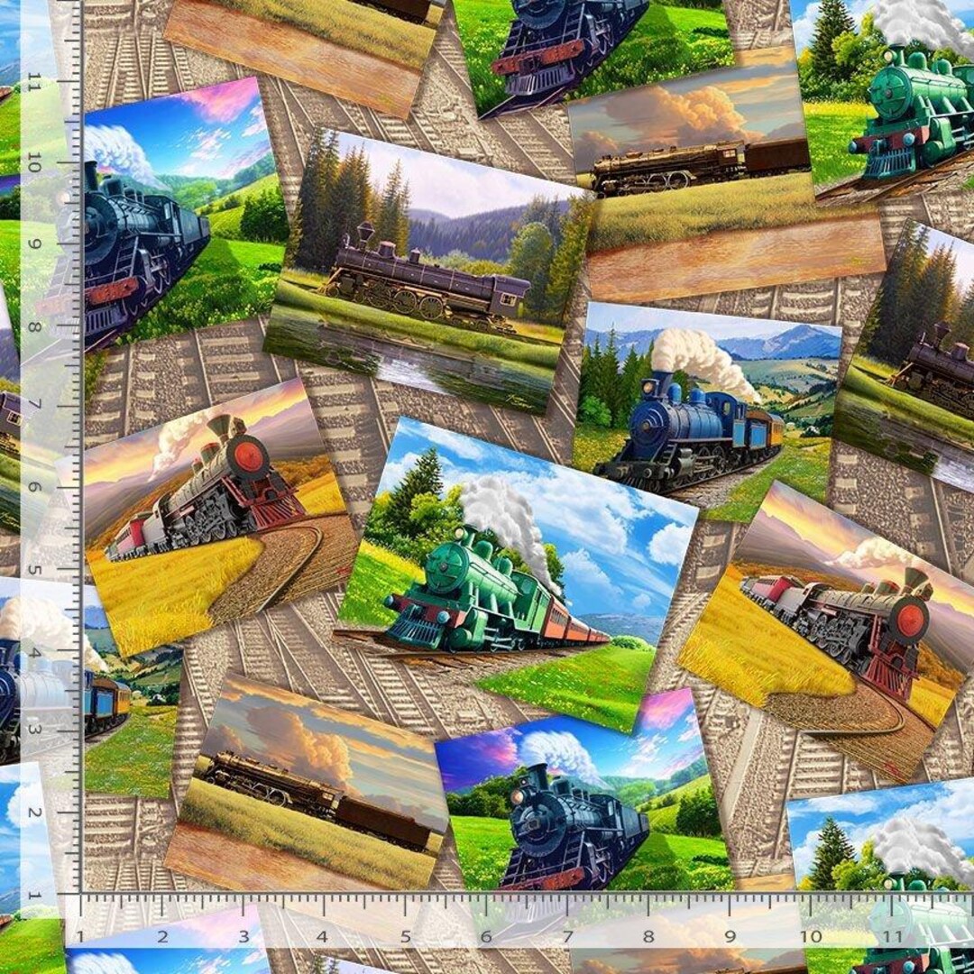 Train Postcards Fabric by the Yard Tour Around the World From Timeless ...