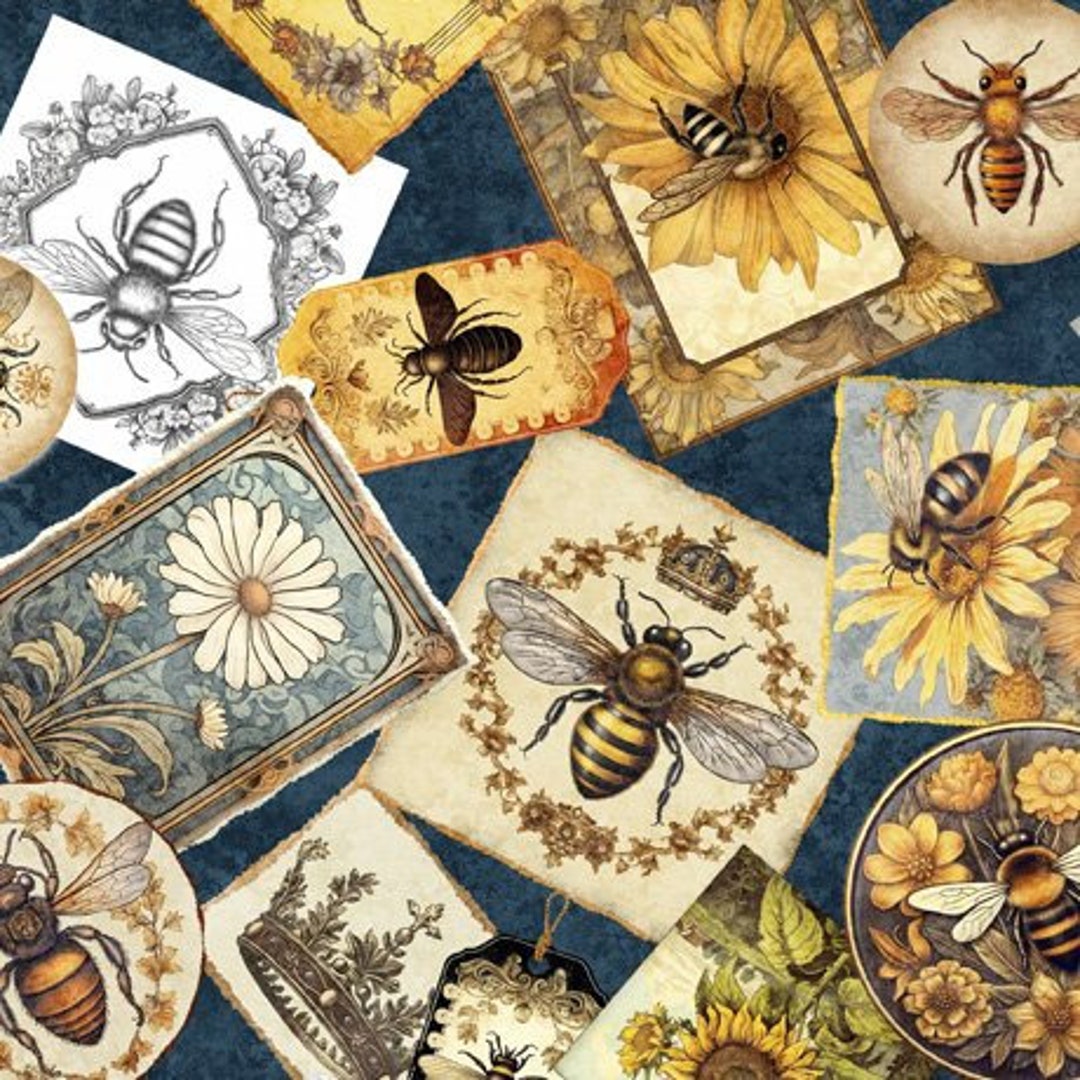 Bee Fabric / Bee Collage on Midnight Queen Bee Collection by Quilting ...