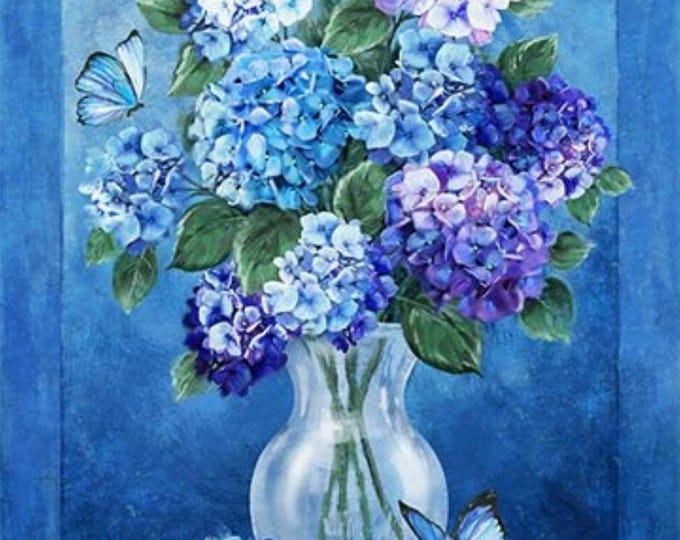 Hydrangea in Vase 28" Panel Rhapsody in Blue by Northcott Fabric Quilt ...