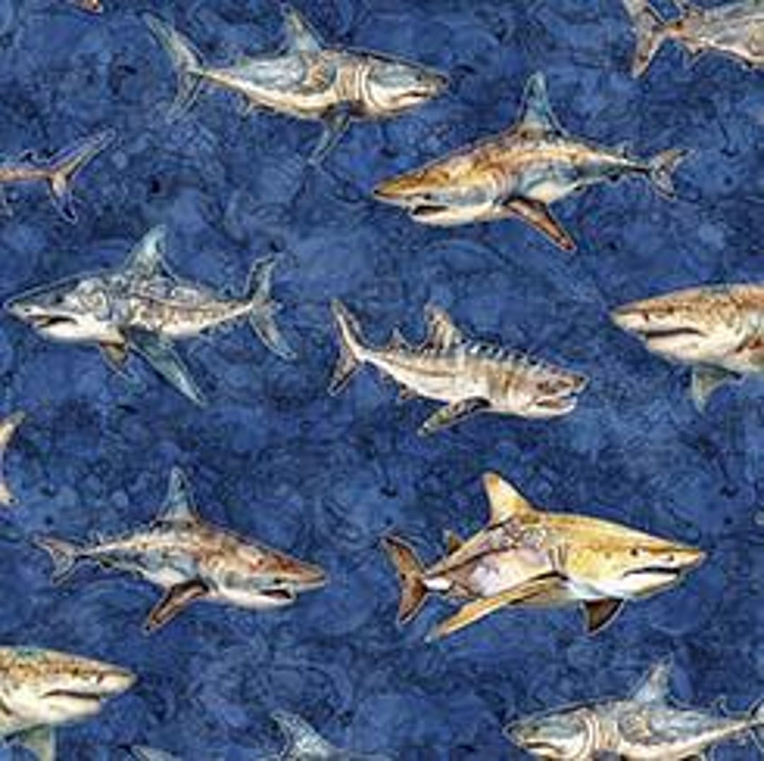 Sharks Ocean Fabric by the Yard, Shark Toss on Blue Atlantis by ...