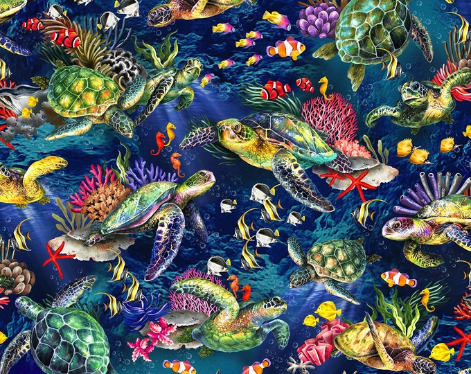 Sea Turtles on Dark Blue Fabric / Ocean Life Fabric by the Yard / the ...