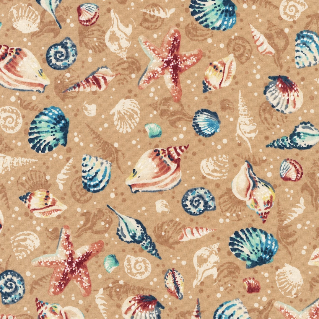 Sea Shells Toss / Seashell Fabric / Sunset Coast Seashells on Tan by ...