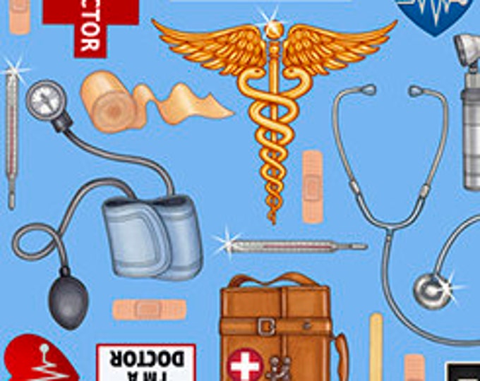 11x44" Remnant What the Doctor Ordered Fabric / Medical Fabric on Blue ...