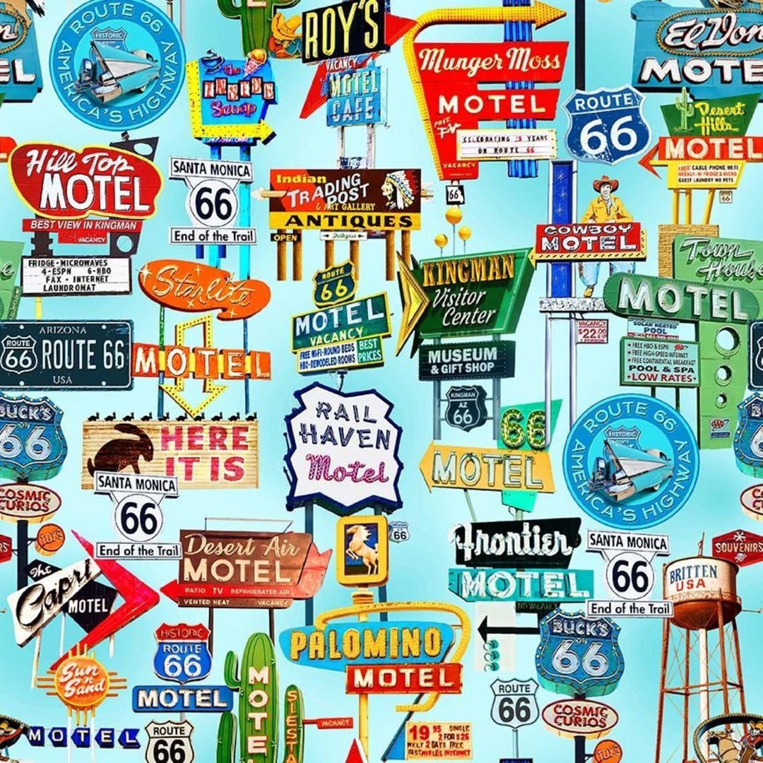 Route 66 Road Signs Fabric / in Muscle Cars & Transportation, Timeless ...