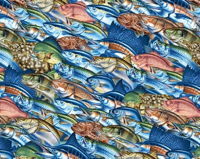 Fishing Fabric, Fishing Fish Collage / Reel Fun Collection by Blank ...
