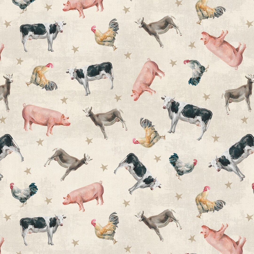 Farm Animal Toss Fabric / Cows, Pigs, Chickens / Farmhouse Chic Yardage ...