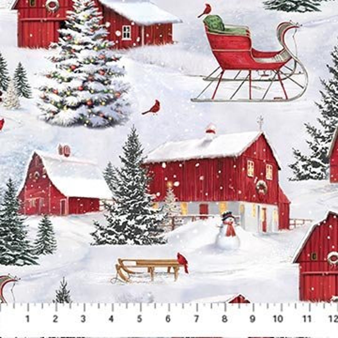 Winter Christmas Fabric, Farms, and Sleighs Fabric, Farmstead Friend ...