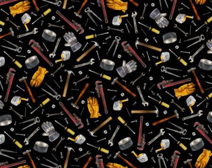 Tool Toss on Black Fabric by the Yard / Workshop Tools by Timeless ...