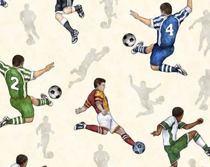Just for Kicks Soccer Players on Ecru Fabric by QT Fabrics Soccer Balls ...