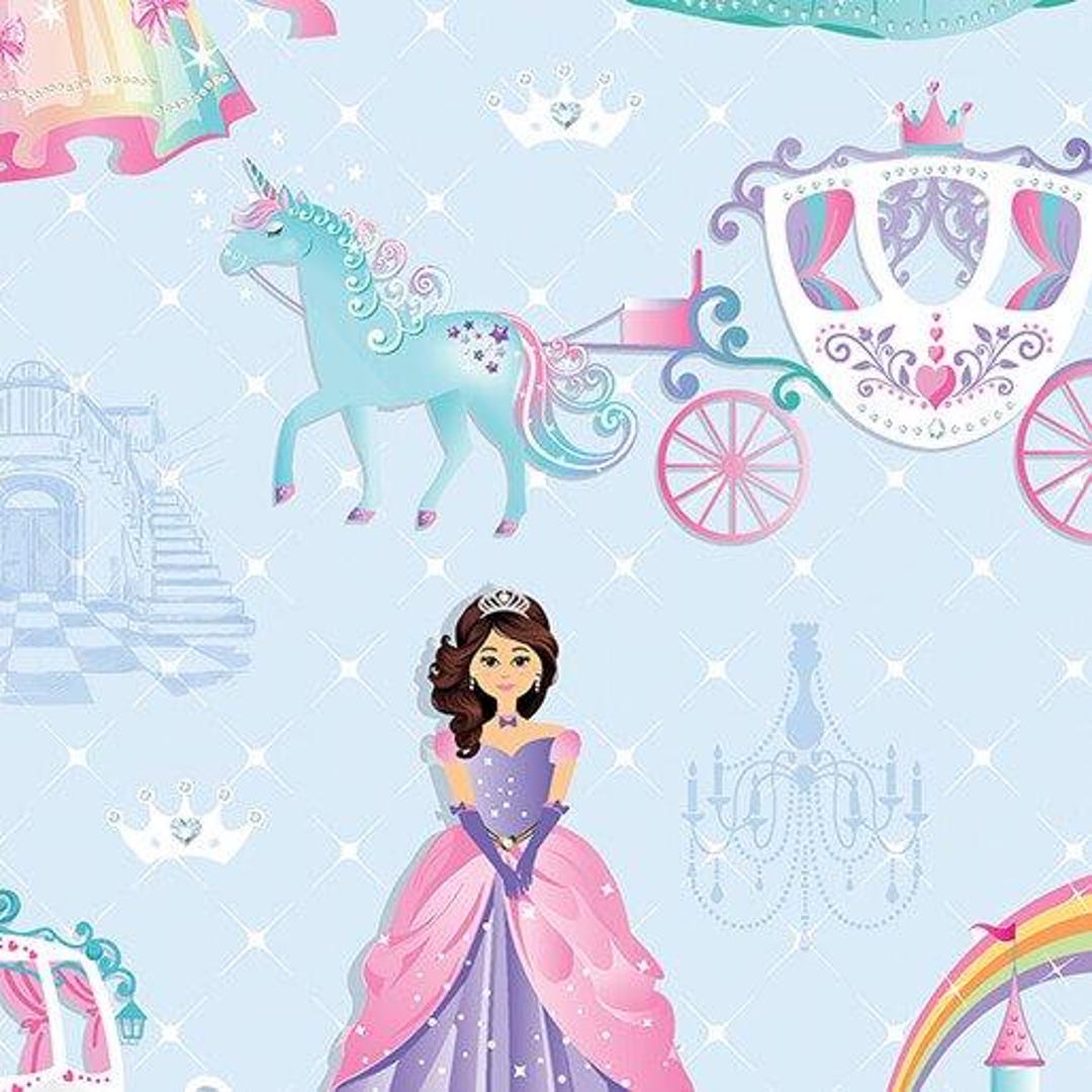 Princess and Carriage on Blue Royal Cuties Fairytale Dreams by Kanvas Fabric by the Yard and Fat ...