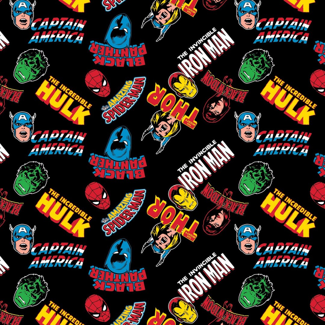Marvel Comics Hero Toss on Black Fabric / Hulk, Iron Man, Thor, Captain ...