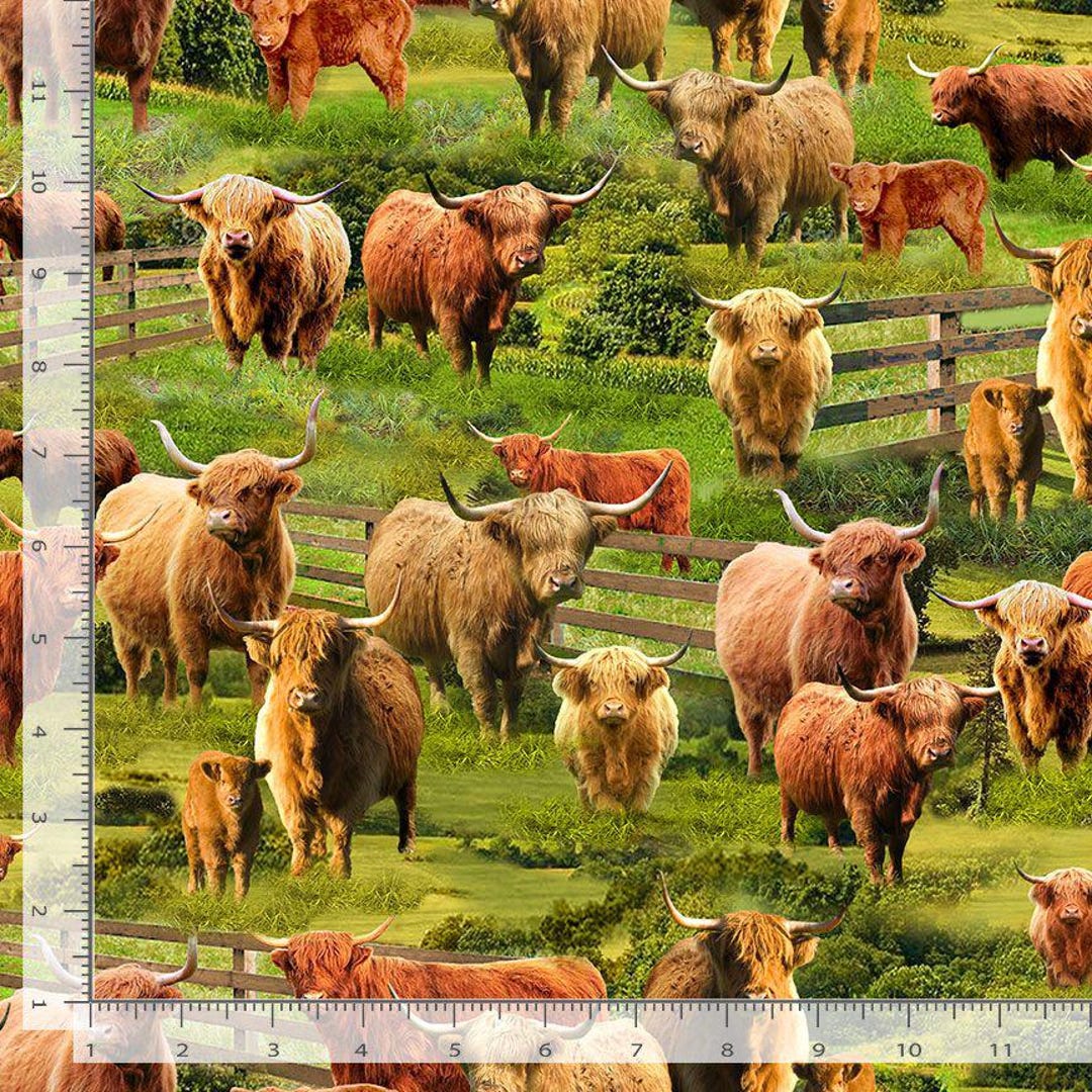 Highland Cows Fabric Cows on Green Fabric, Rolling Hills Collection by ...