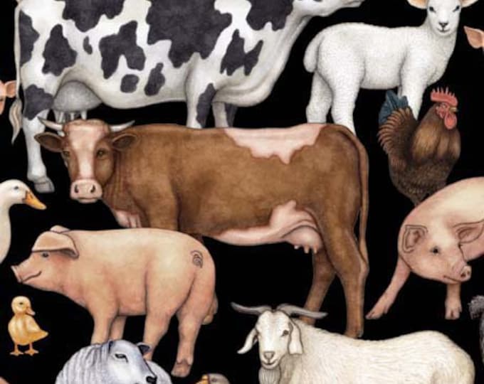 Goats on Black Fabric / Farm Animals Fabric / Elizabeth's Studios 434 ...