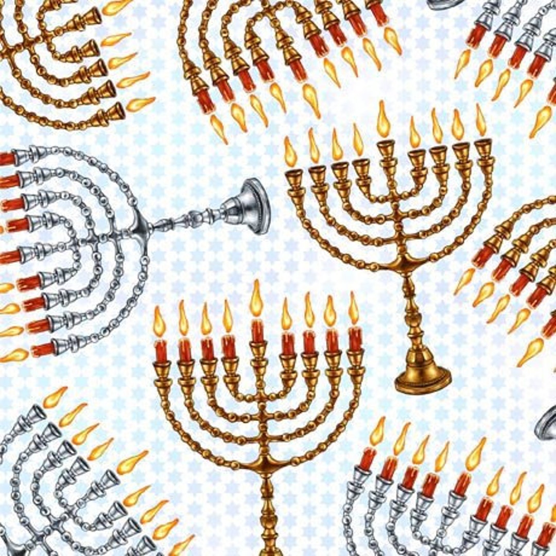 Hanukkah Fabric - Menorahs on White Fabric, Hanukkah Festival ...