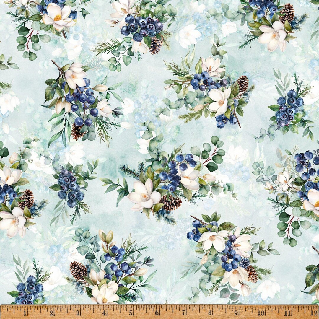 Blueberry and Floral Cluster on Sky Fabric / Food Fabric / Forest Fawn ...