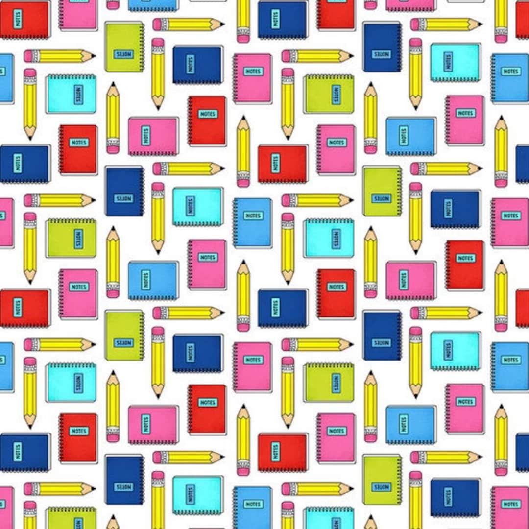 Back to School Fabric / It's Elementary Notebooks and Pencils on White ...