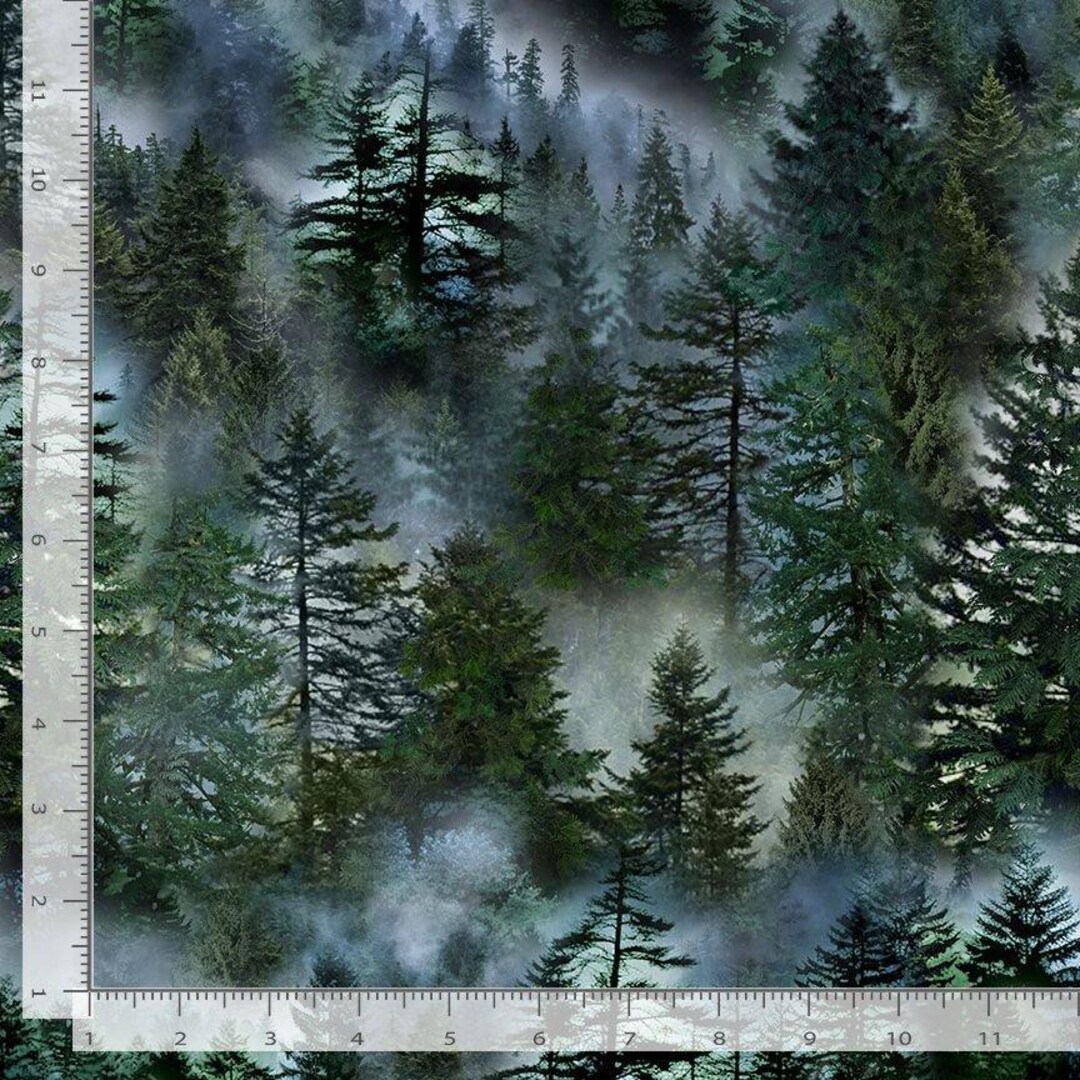 Evergreen Forest Misty Mountain Fabric / Pine Trees Landscape Fabric by ...