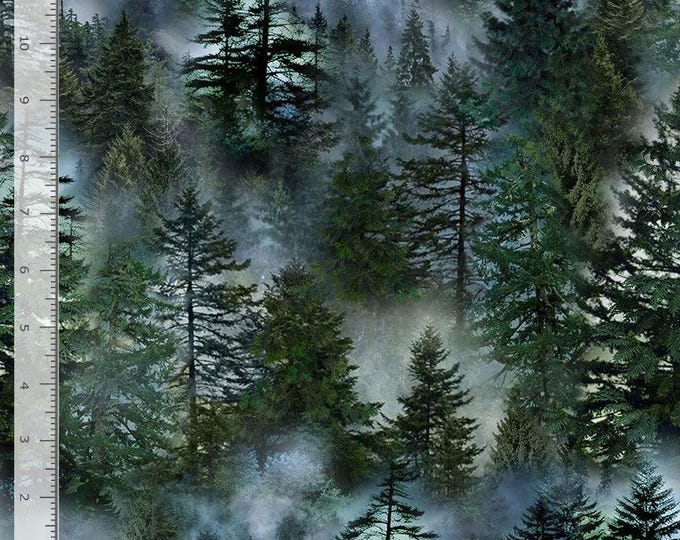 Evergreen Forest Misty Mountain Fabric / Pine Trees Landscape Fabric by ...