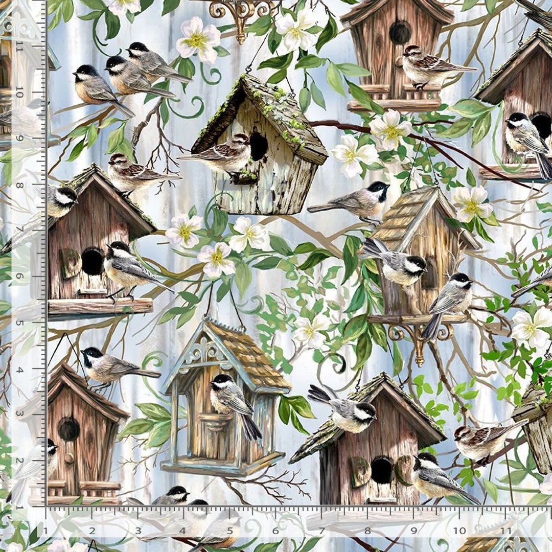 Chickadee Birdhouse in Tree Branches Fabric by the Yard From Timeless ...