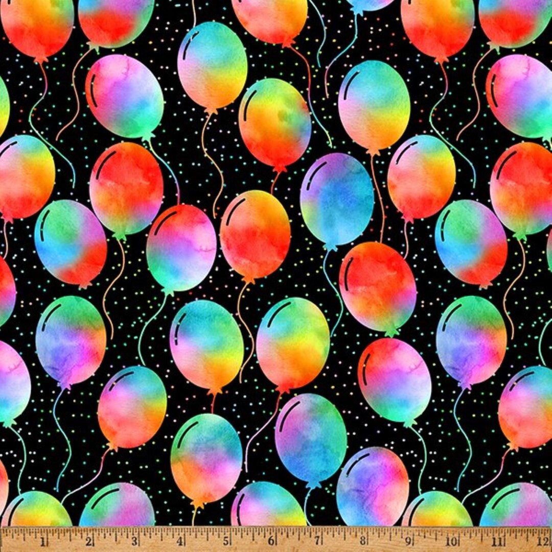 Party Balloons Fabric, Balloons on Black Block Party Let's Eat Cake by ...