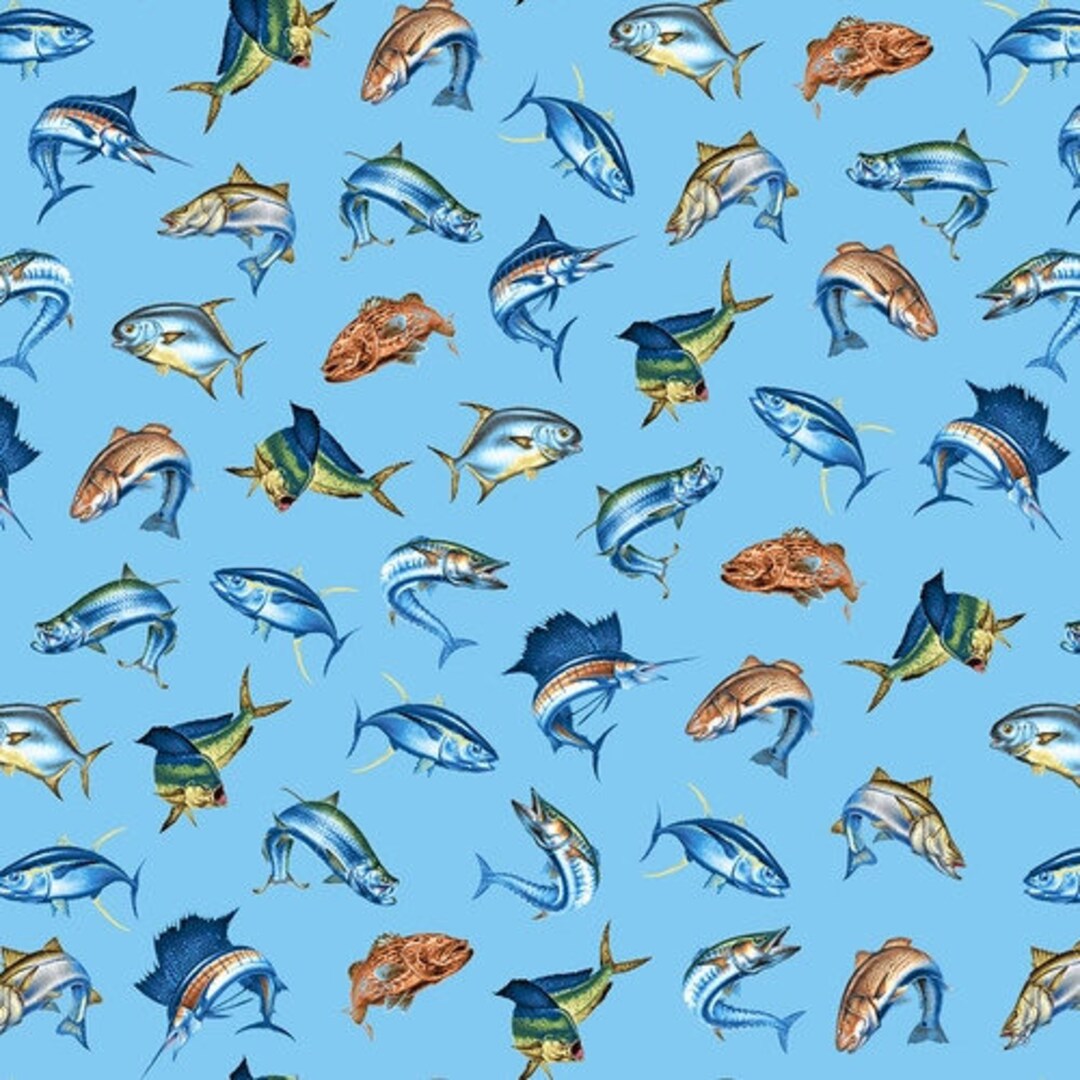 Fishing Fabric, Tossed Fish on Light Blue / Reel Fun Fish Collection by ...