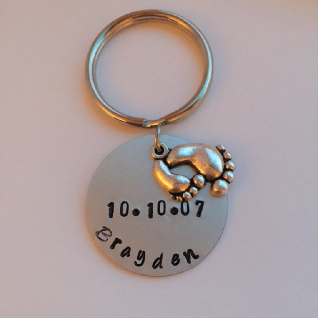 For New Baby Keychain. Hand Stamped With Childs Birthday and - Etsy