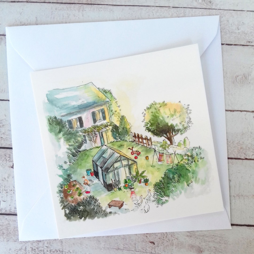 Small Square Postcard, Country House Landscape Card, Watercolor ...