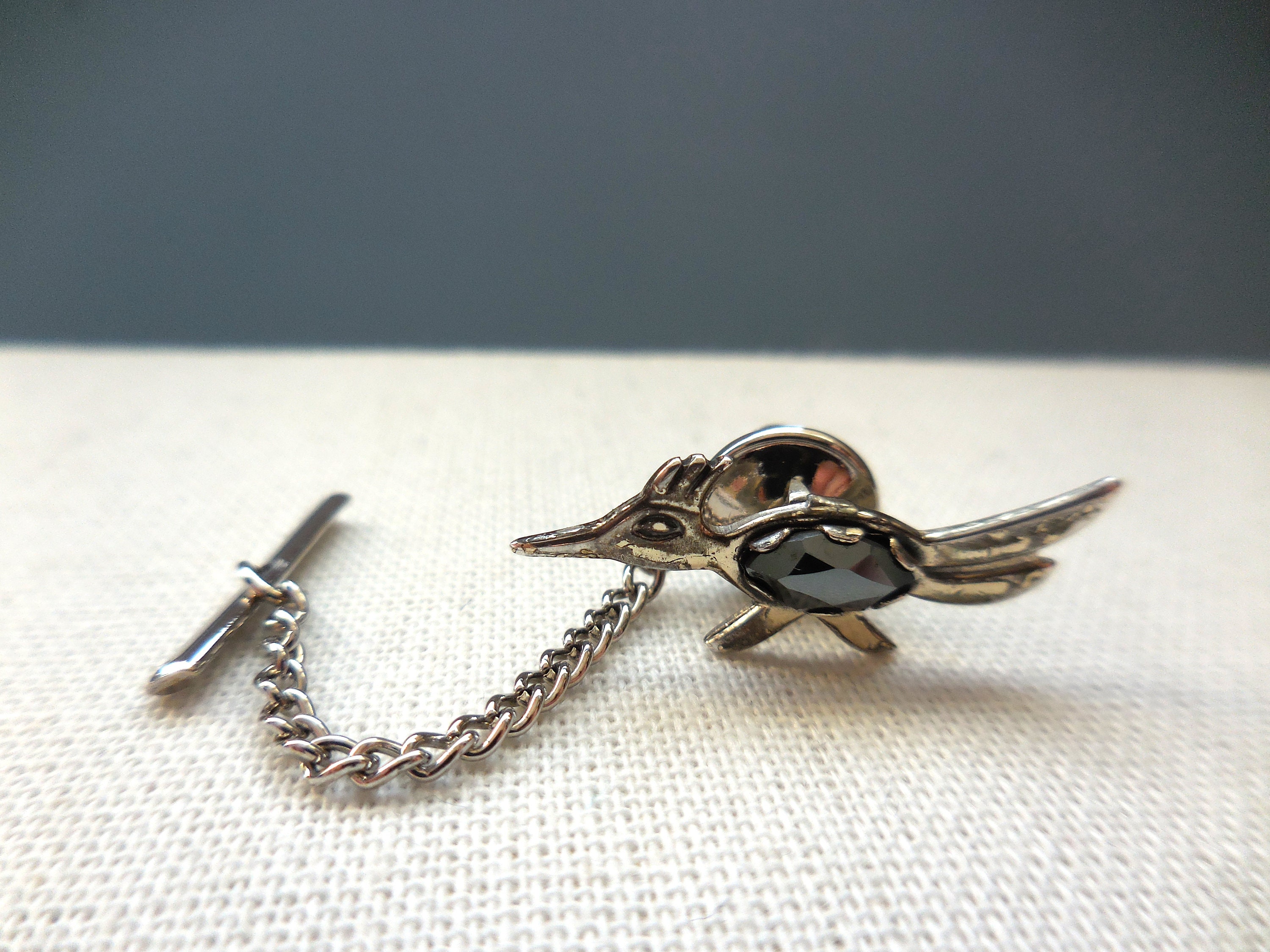 Small Native American Roadrunner Hematite Tie Pin Vintage Sterling ...