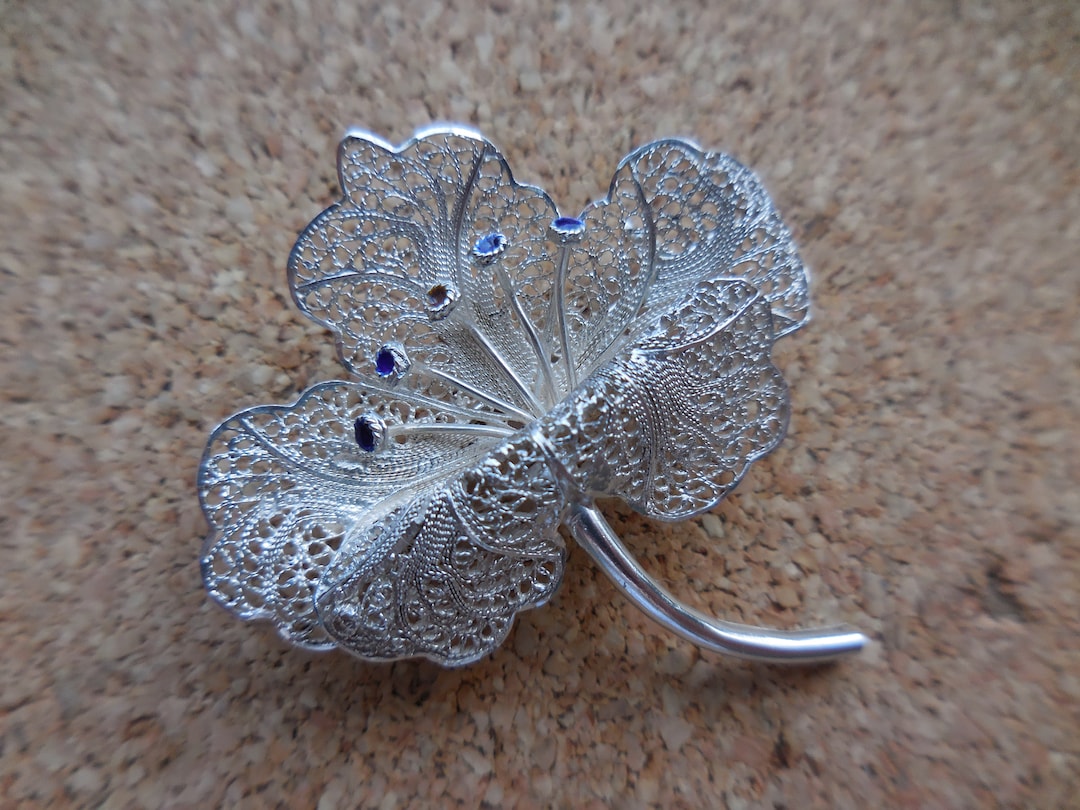 Vintage Sterling Silver Filigree Flower Pin With Blue and Brown Enamel ...
