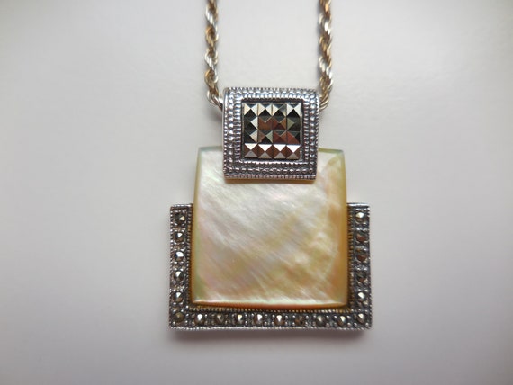 Vintage Big Golden Mother of Pearl & Marcasite Pendan… - Gem