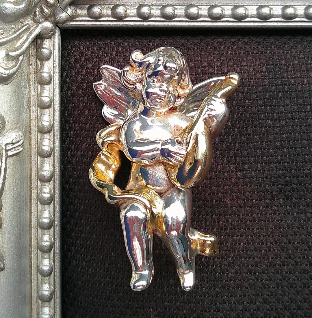 Vintage Big Cupid With Mandolin Two Tone 925 Sterling Silver Pin ...