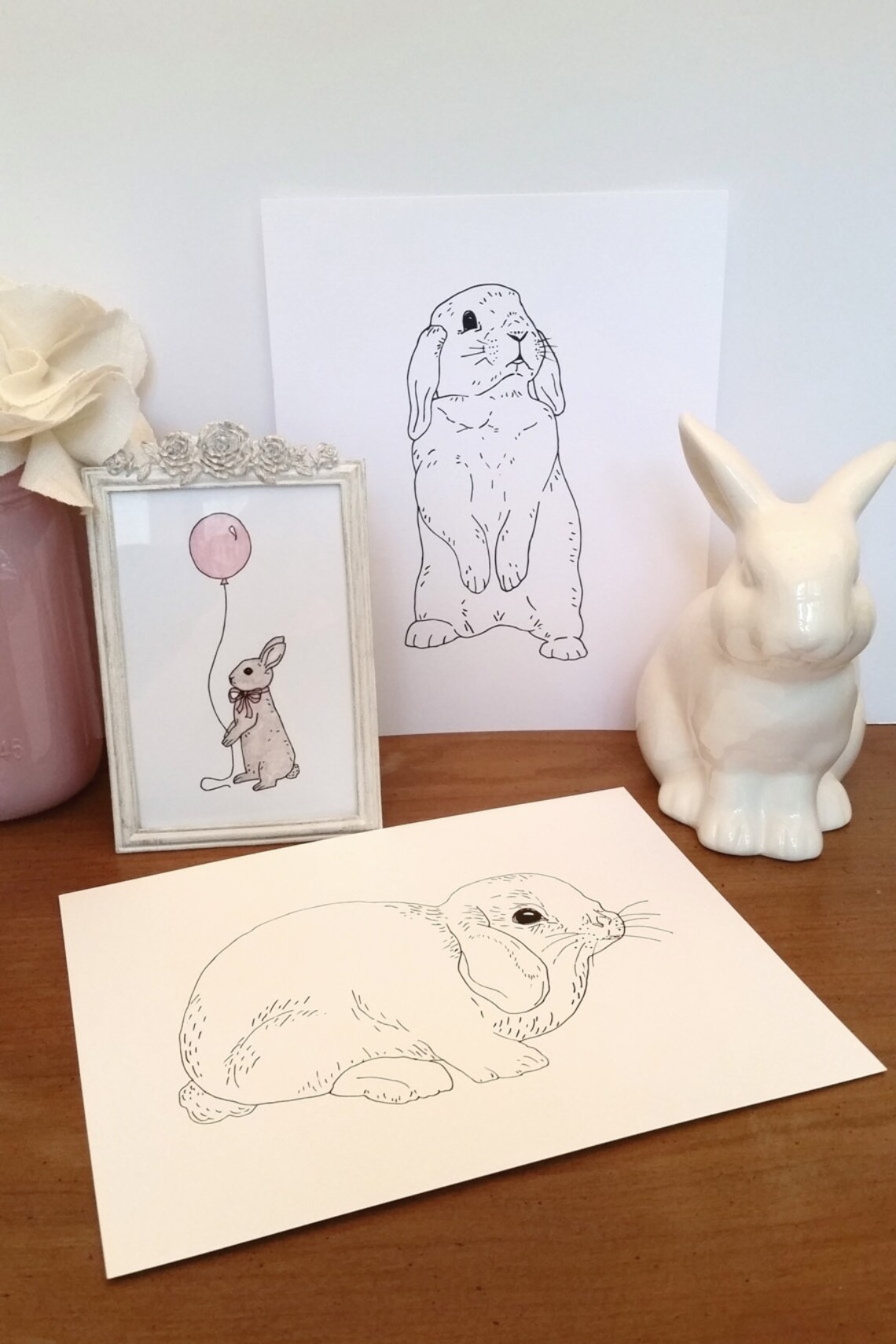Set of 2 Bunny Line Drawing Reproduction From Original Ink - Etsy
