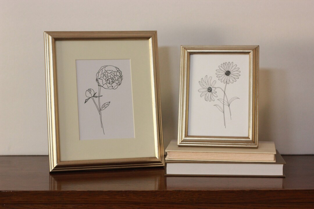 Set of 2, Daisy + Peony Line Drawing, Reproduction From Original Ink ...