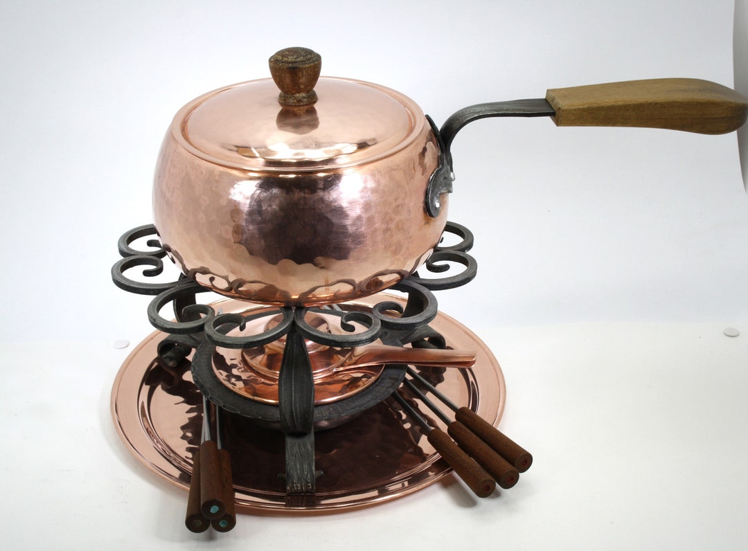 Vintage Copper Fondue Set / Pot With Wrought Iron Stand and Copper ...