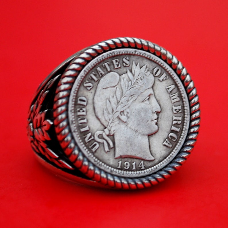 US 1914 Barber Dime 90% Silver Coin 925 Sterling Silver Signet Ring New ...